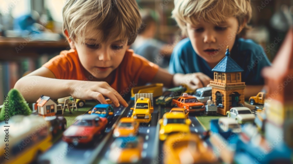 Kids playing with toy cars and trucks, creating imaginary roads and ...