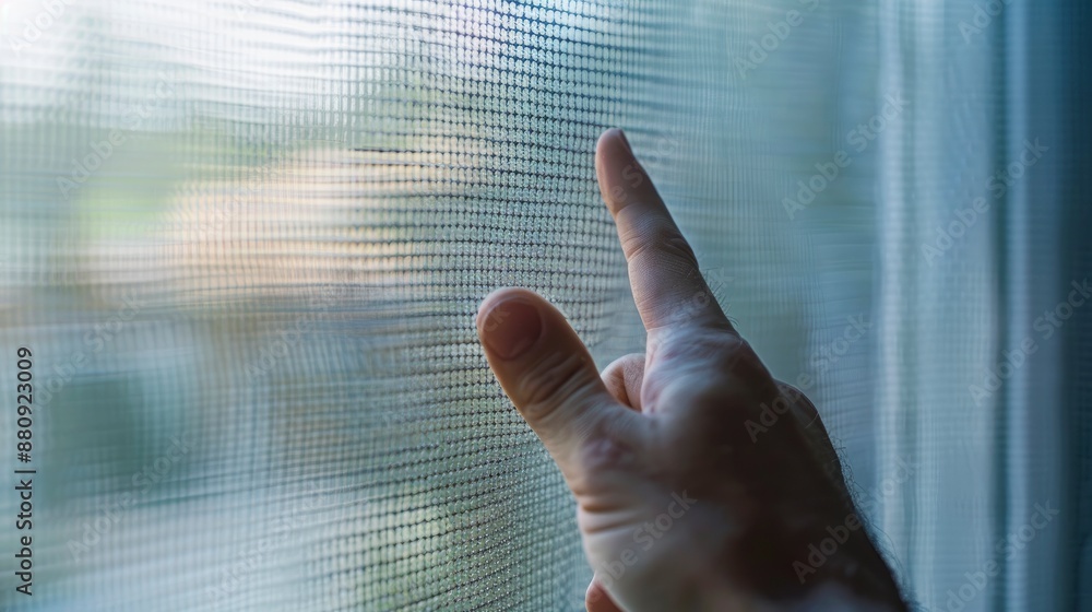 A detailed close-up of a hand holding a pleated mosquito net wire ...