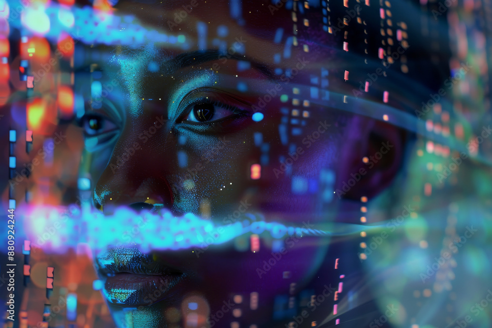 A contemplative face overlays a digital cascade of data streams and ...