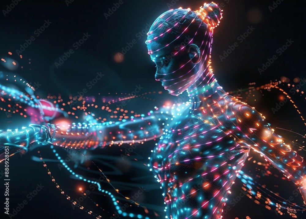 Capture a dancer in a futuristic costume, infused with glowing LED ...