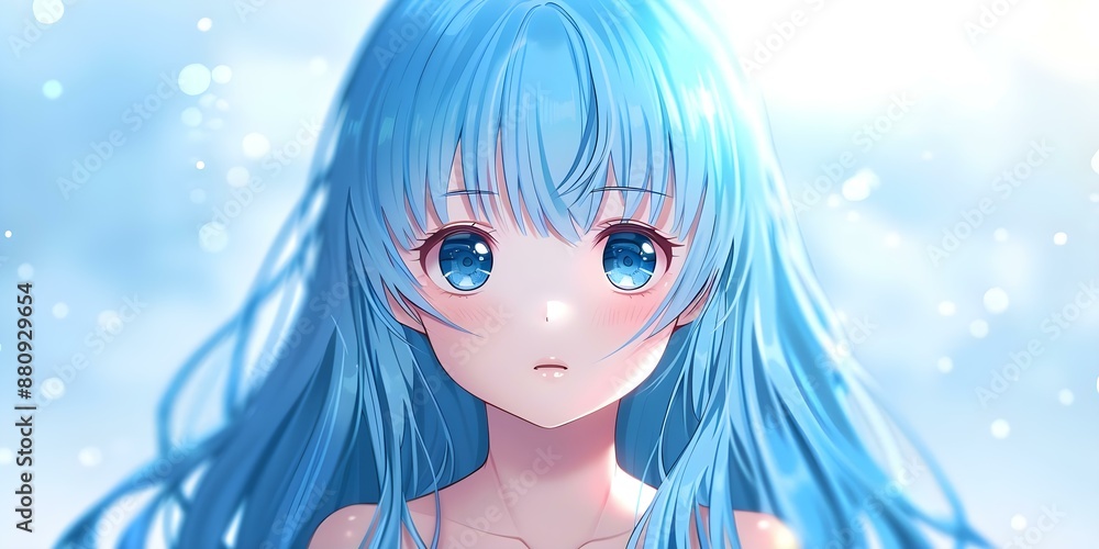 Anime-style illustration of a stunning girl with flowing blue hair ...