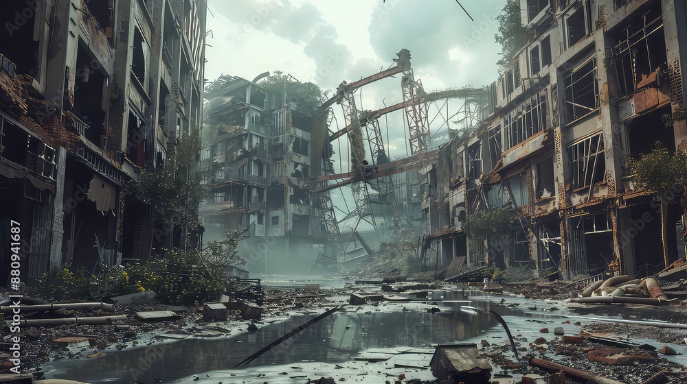 Post-apocalyptic abandoned city. Destroyed buildings, burning rubble ...