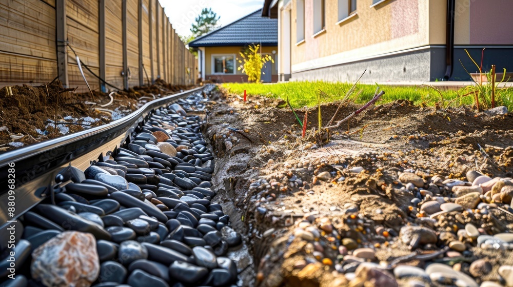 French Drain Installation for Rainwater Drainage Around House Stock ...
