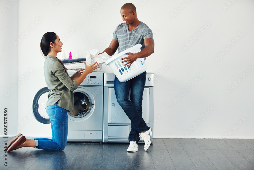 Happy couple, help and laundry in home for cleaning, hygiene and ...