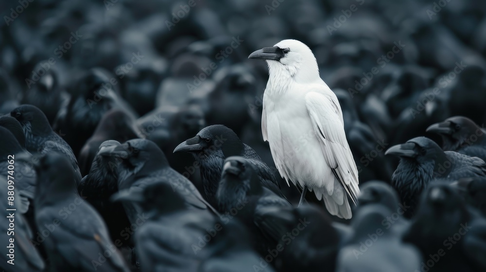 A unique white crow stands prominently in a sea of black crows ...
