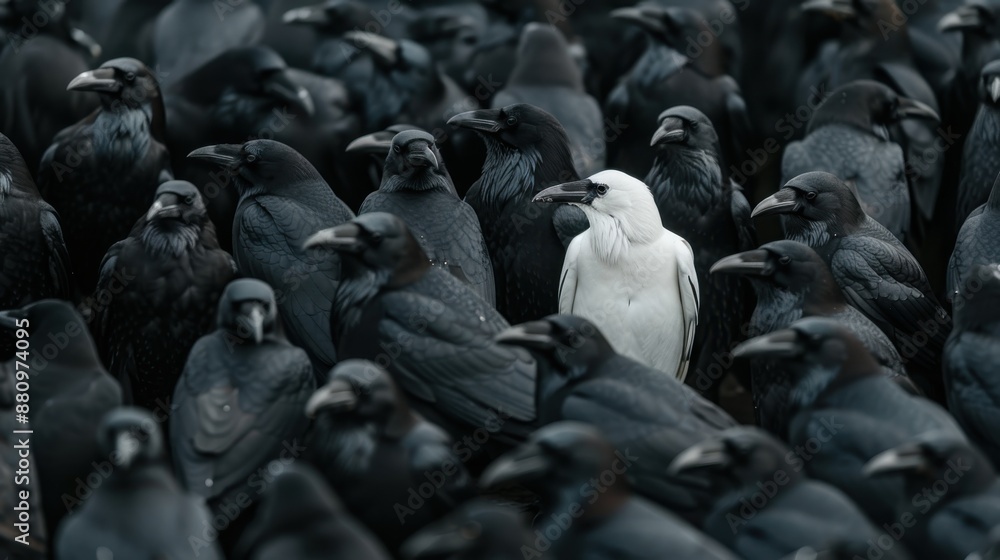 Standing out with its pristine feathers, a white crow among black crows ...