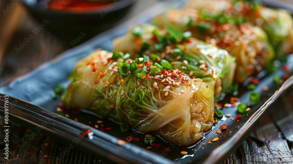 The national cuisine of Japan. Cabbage rolls with beef, pork, green ...