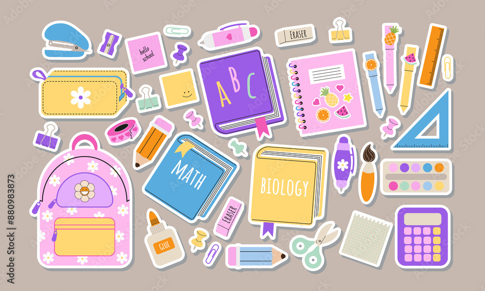 School supplies sticker set. Back to school. Backpack, books, pen ...
