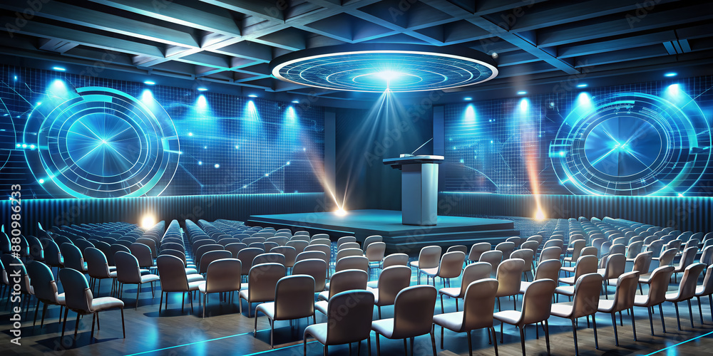 Crowded modern auditorium with rows of chairs and round tables ...
