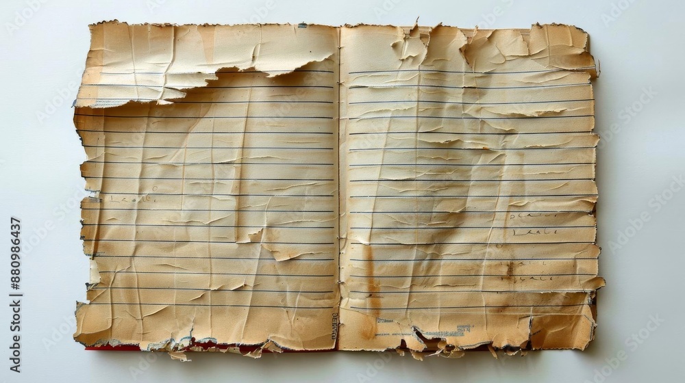 An old, weathered notebook with torn and yellowed pages, showing signs ...