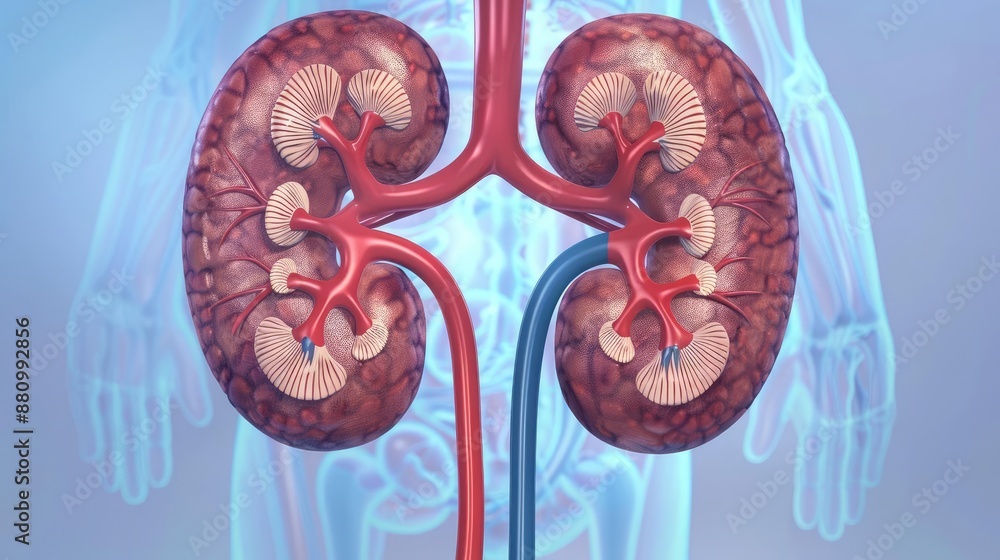 3D-rendered human kidneys with renal arteries and veins, Human Body ...