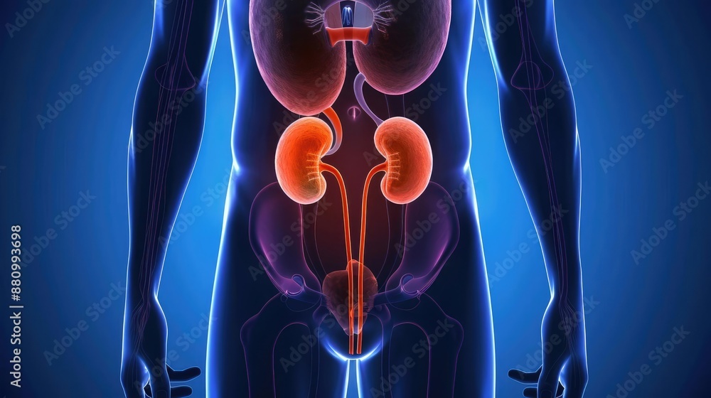 Realistic 3D model of the urinary system showing kidneys and bladder ...