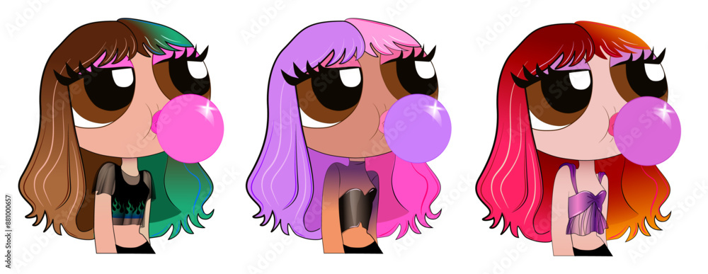 Set three cute pop girls of different ethnicities. Bright girls in ...