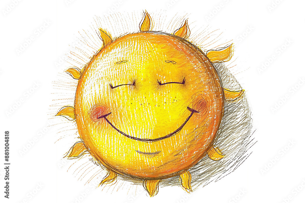 Smiley emoji in the form of a children's artwork drawing of the sun ...