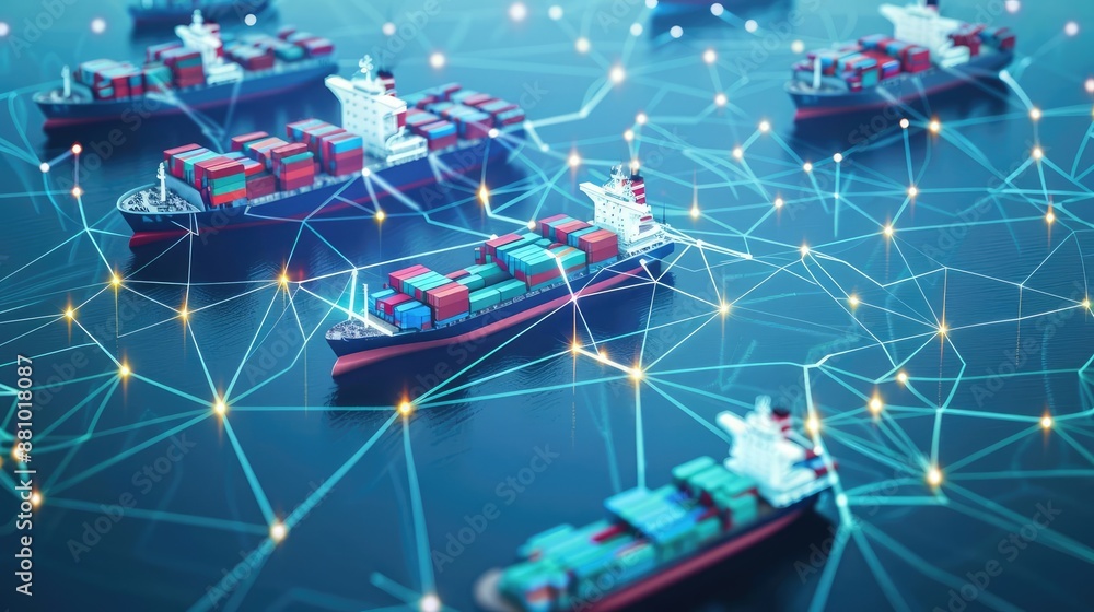 ภาพประกอบสต็อก Network diagram with container ships as nodes, global ...