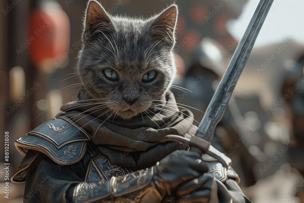 Cute cat dressed as a knight with metal armor and leather strips ...
