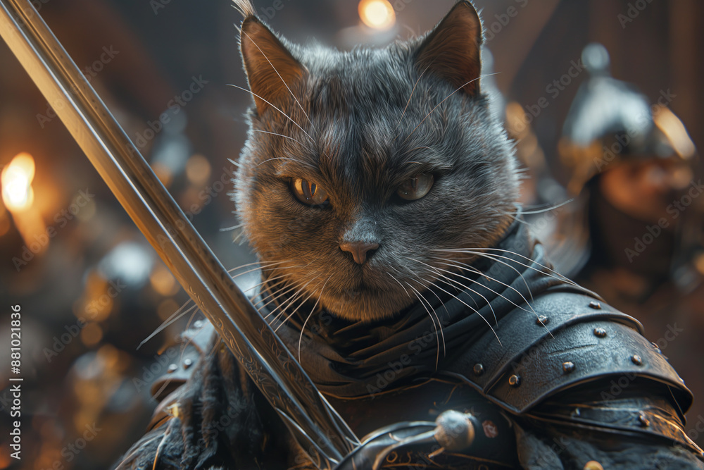 Cute cat dressed as a knight with metal armor and leather strips ...