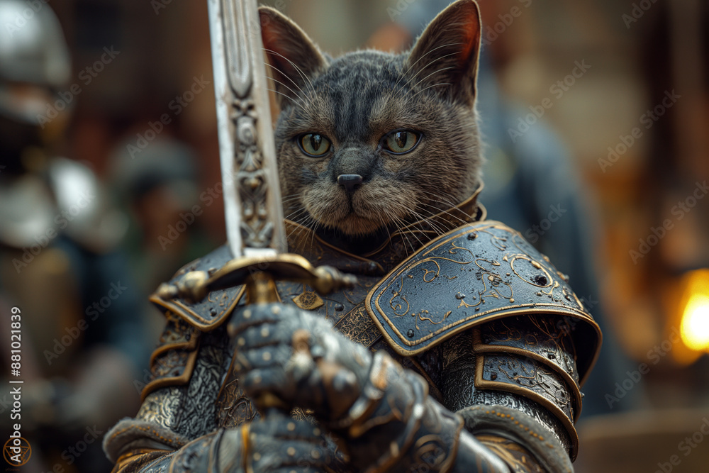 Cute cat dressed as a knight with metal armor and leather strips ...