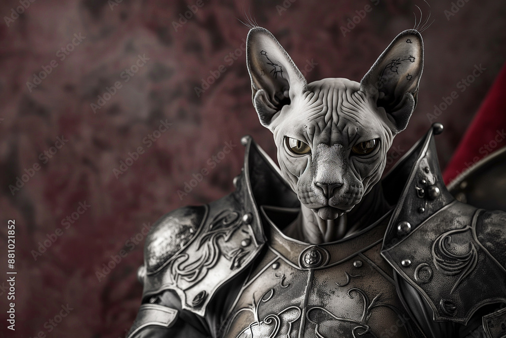 Cute cat dressed as a knight with metal armor and leather strips ...