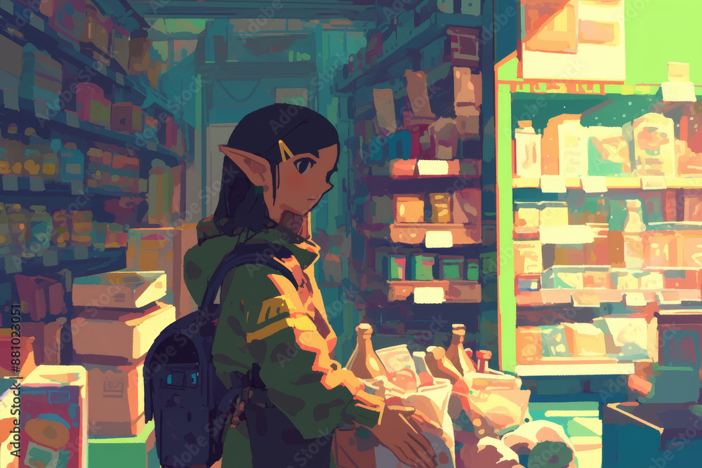 Fantasy Elf Shopping in Grocery Store Whimsical Urban Scene with ...