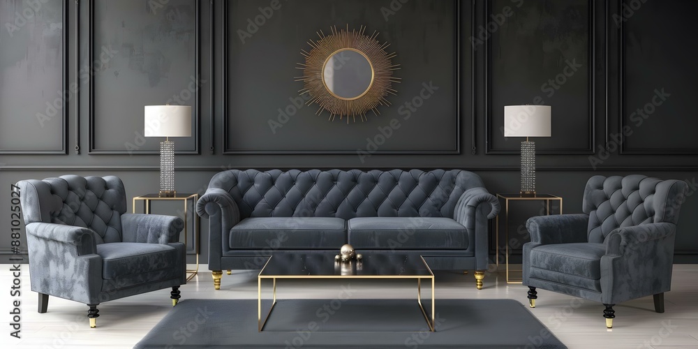 Elegant Art Deco Living Room Featuring Sunburst Mirrors, Fluted Glass ...