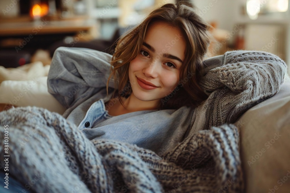 cozy and relaxed photoshoot of a casual woman in jeans sitting on a ...