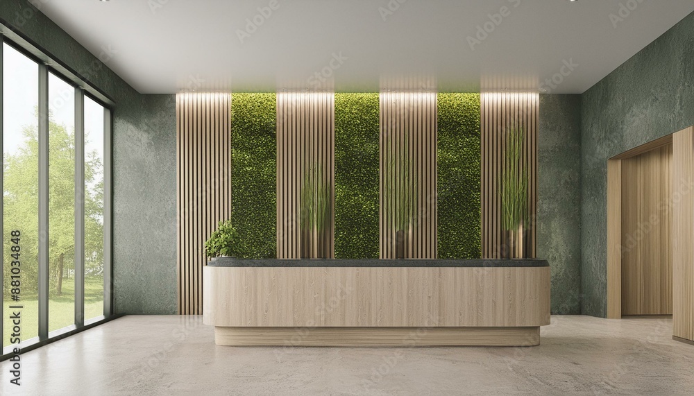 Modern hall interior with reception desk in hotel with wood panel and ...