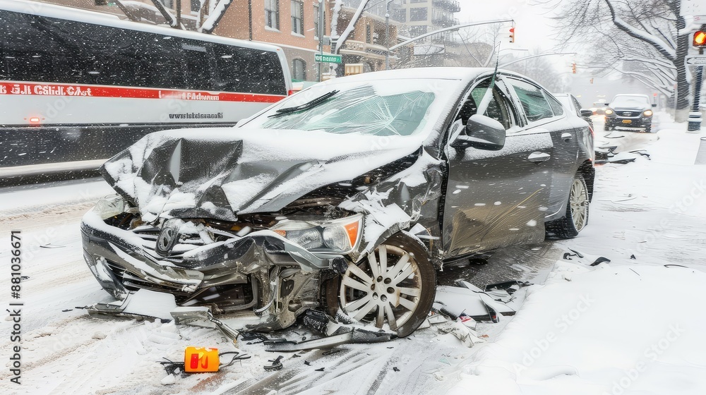 Car accident during snowstorm. Battered and crumpled, the vehicles ...