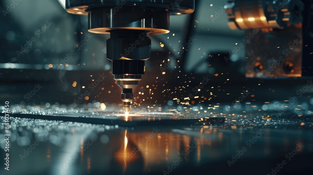 CNC milling machine cutting aluminum in dim light with space for ...