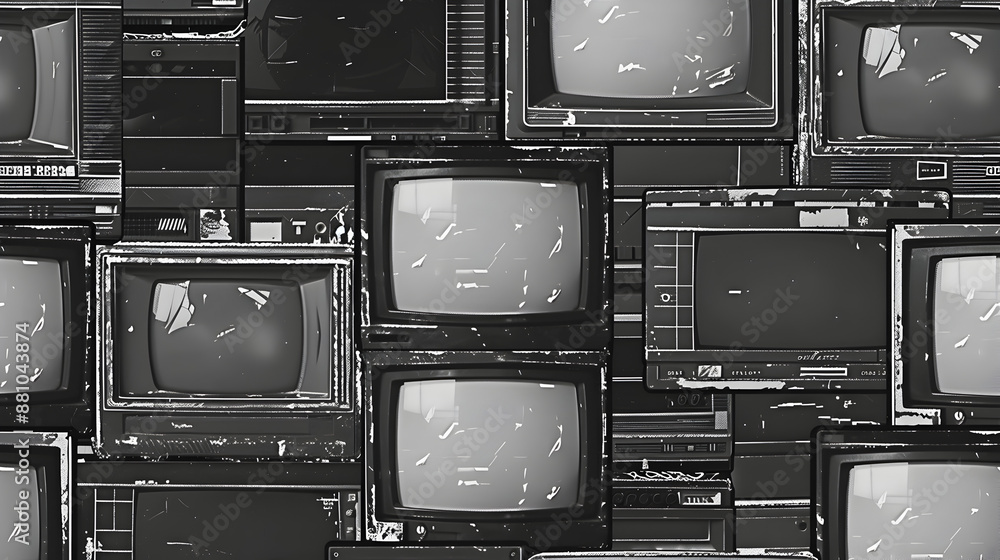 Seamless black and white retro VHS scanlines or TV signal static noise ...