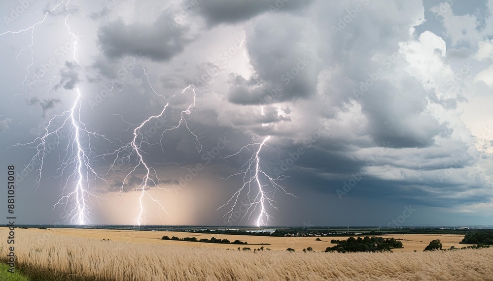 thunderous dark sky with black clouds and flashing lightning panoramic ...
