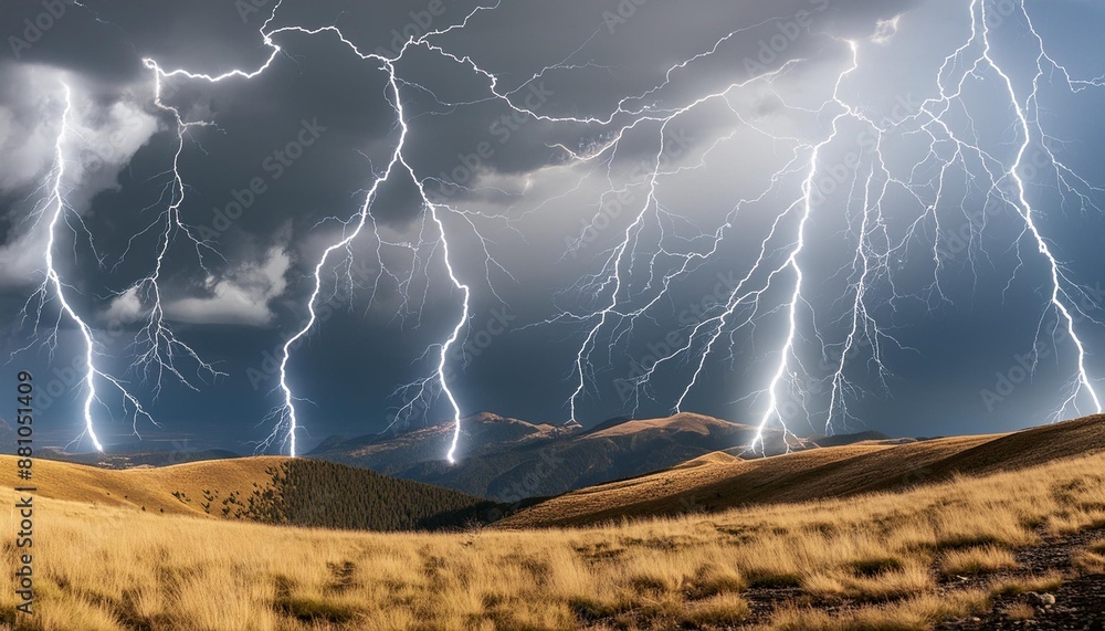 thunderous dark sky with black clouds and flashing lightning panoramic view concept on the theme ...