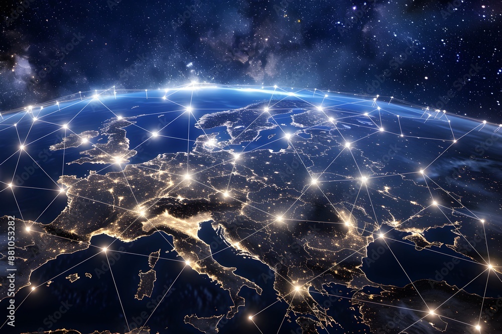 a view of the earth from space with many glowing connections connecting ...