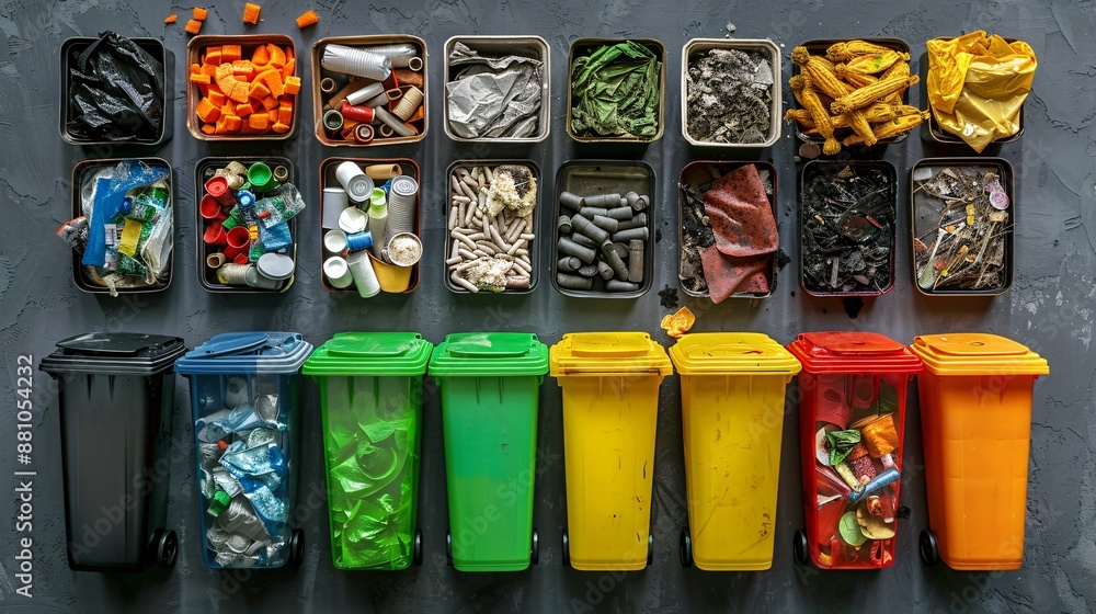 Organized Waste Sorting with Color-Coded Bins and Containers Stock ...