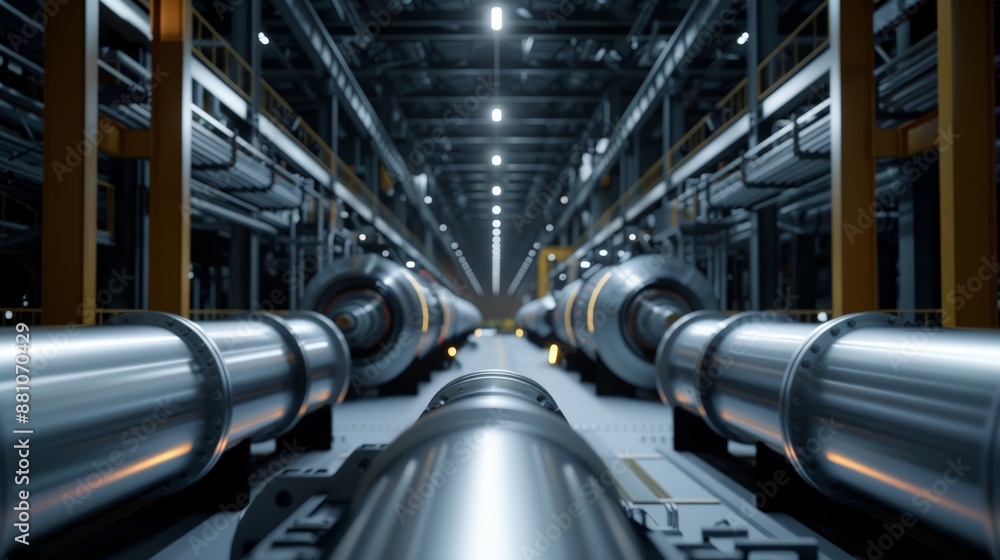 Realistic, hyper-detailed industrial scene, capacity machines operating ...