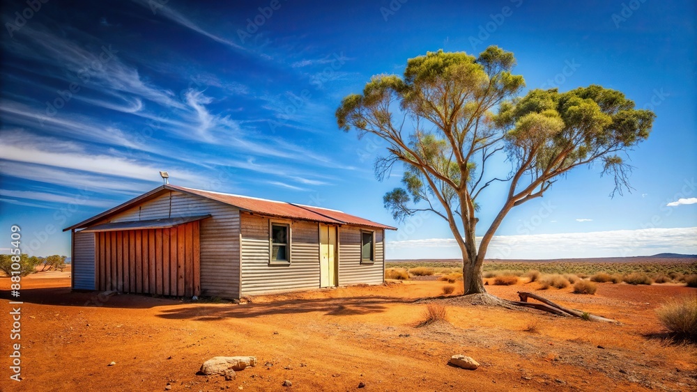 House in the Australian desert made from corrugated iron next to a tree ...