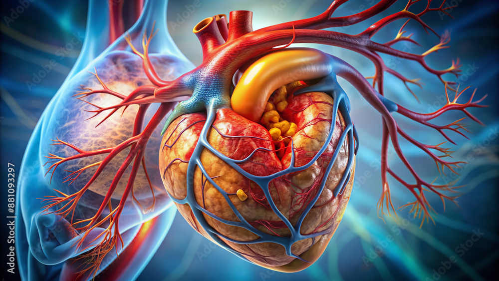 A 3D illustration of a diseased heart with narrowed or blocked coronary arteries, restricted ...