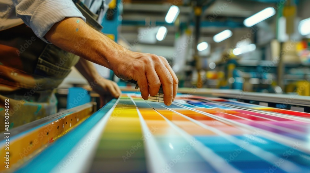 Employee comparing color swatch to printed color chart in print shop ...
