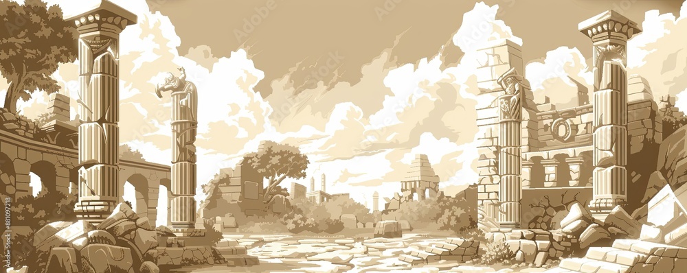Mystical Ancient Ruins Game Level with Crumbling Columns and Sepia ...