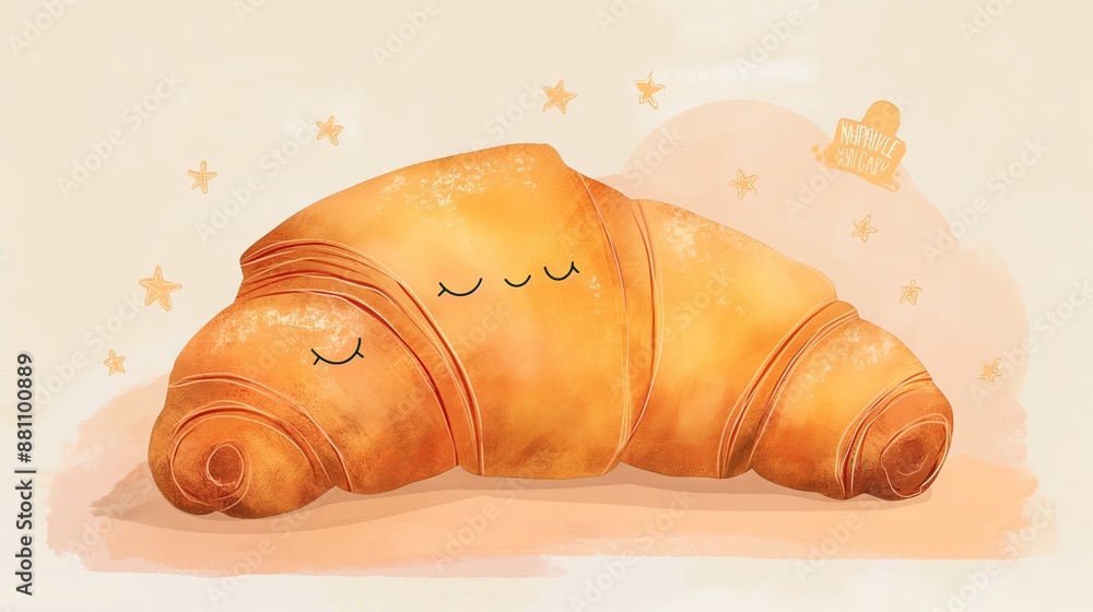 lively illustration of a croissant with a cute, sleepy face. Anime food ...