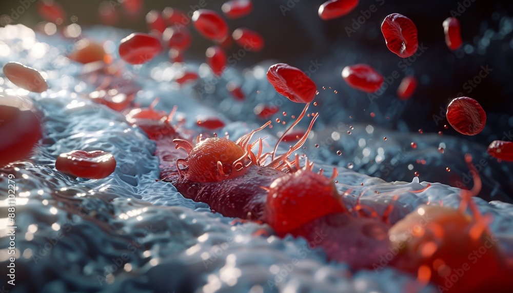 3D Medical Illustration of Red Blood Cells and Platelets in Human Blood ...