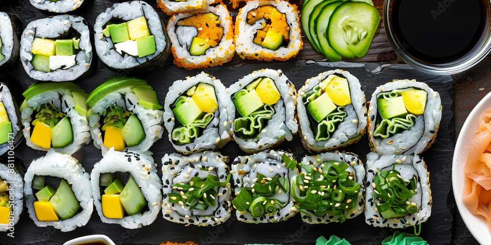 Platter of gluten-free sushi rolls with avocado, cucumber, and mango ...