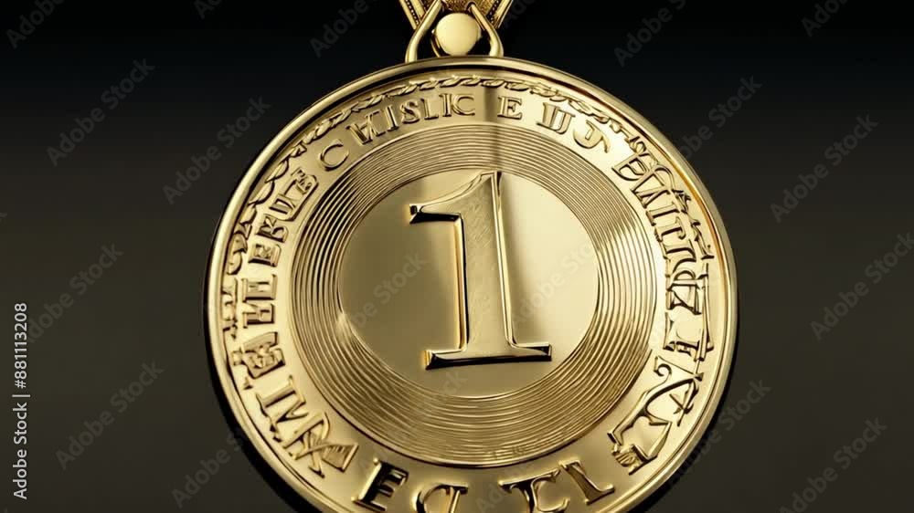 Sports gold medal with number 1. Athlete celebrating the win with gold ...