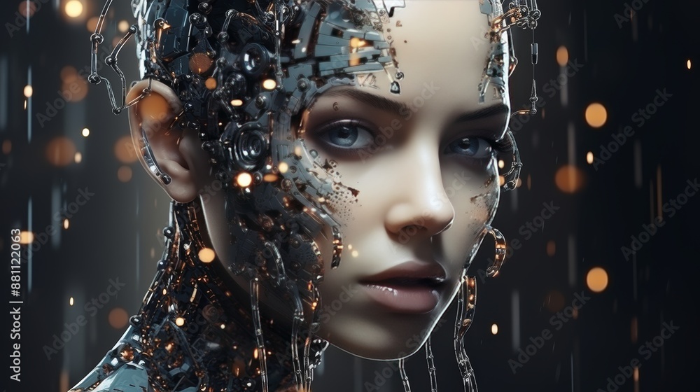 Futuristic female cyborg portrait, ai controlled humanoid cyber machine ...