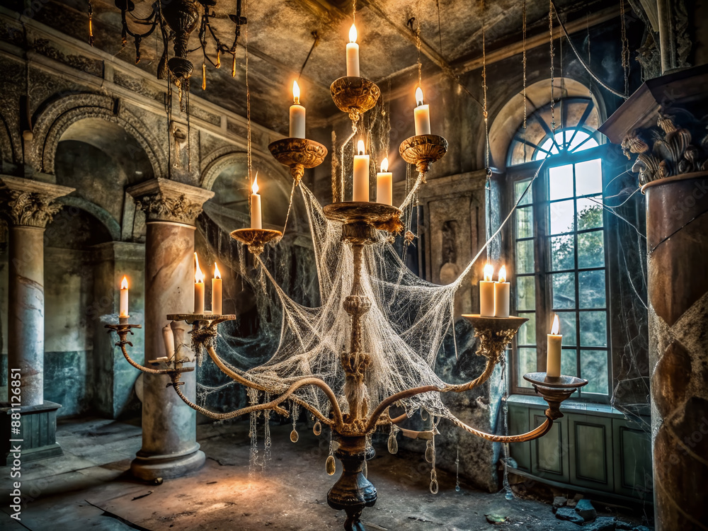 Spooky abandoned mansion with creepy cobwebs-covered chandelier and dimly lit candelabras, eerie ...