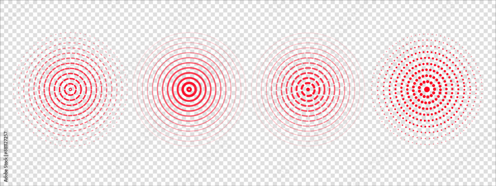 Set of red sound wave rings, of lines, linear dashes. Rings with radial ...