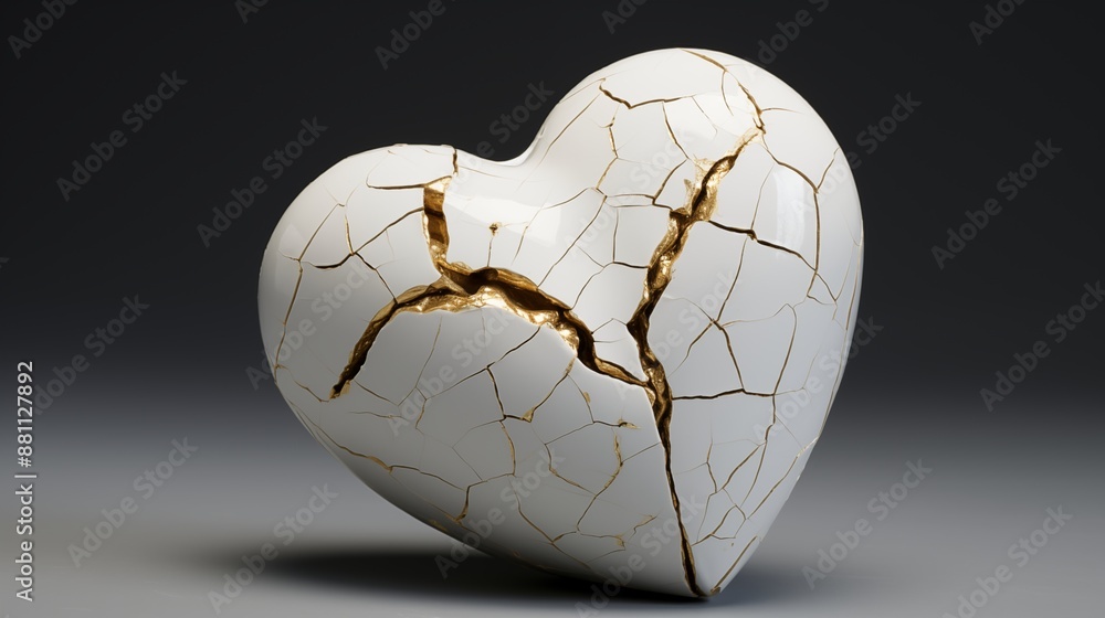 Kintsugi Upcycled white porcelain ceramic heart with golden cracks ...