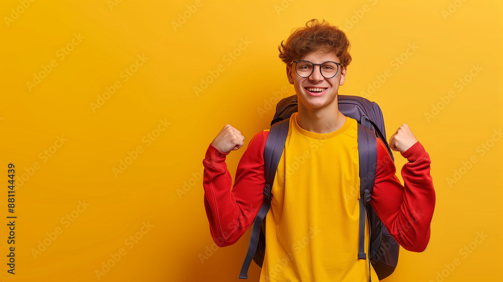 The young boy student behaves like a muscular man, adopting a strong ...