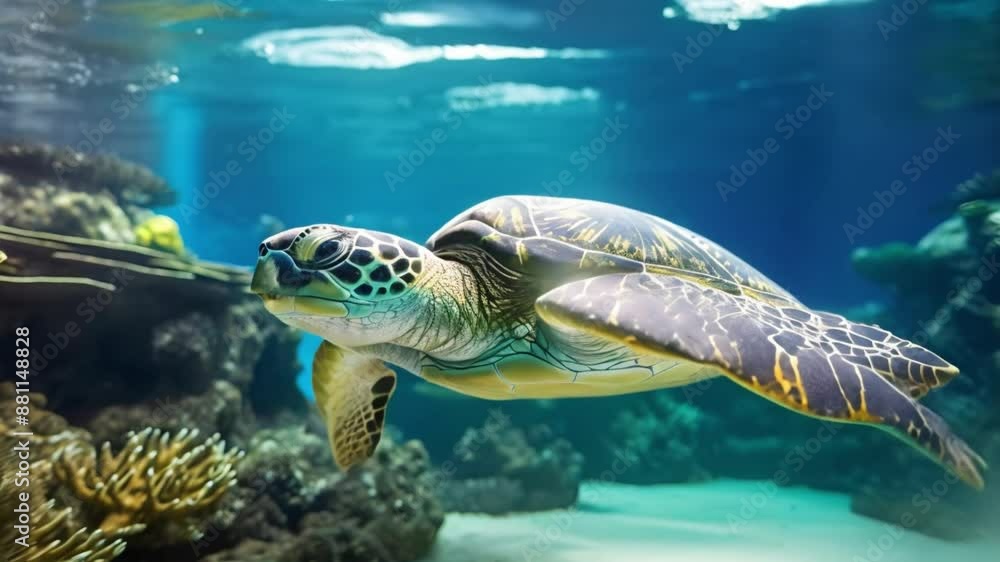 Green sea turtle swimming among ocean corals and algae on the seabed ...