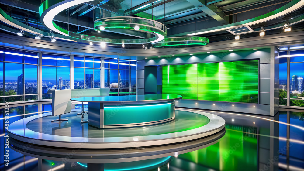 Modern virtual TV studio news set with sleek anchor desk, futuristic ...